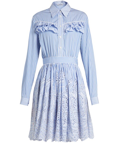miu miu（ミュウミュウ）の「MIU MIU Striped ruffle-trimmed cotton-poplin dress ...