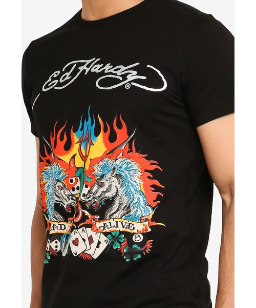 Ed Hardy（エドハーディー）の「Ed Hardy Fiery Horses Rhinestone Round Neck Tee with ...