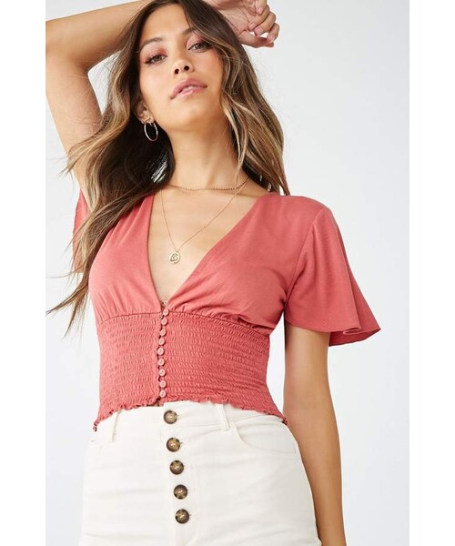 FOREVER 21（フォーエバー トゥエンティーワン）の「Forever 21 Smocked Button-Front Top（シャツ/ブラウス）」 - WEAR