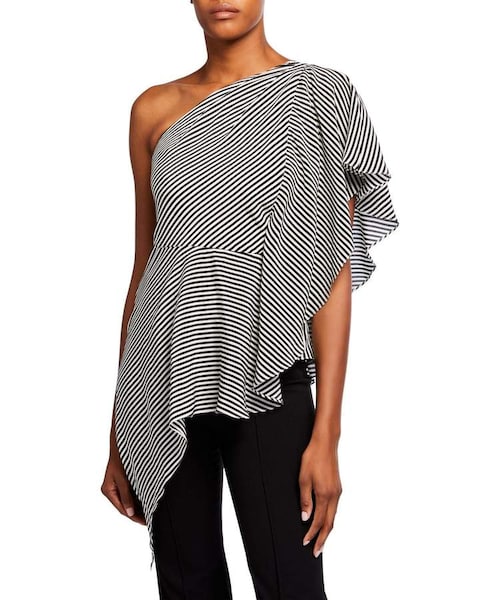 Halston（-）の「Halston Striped One-Shoulder Asymmetrical Drape Top（）」 - WEAR